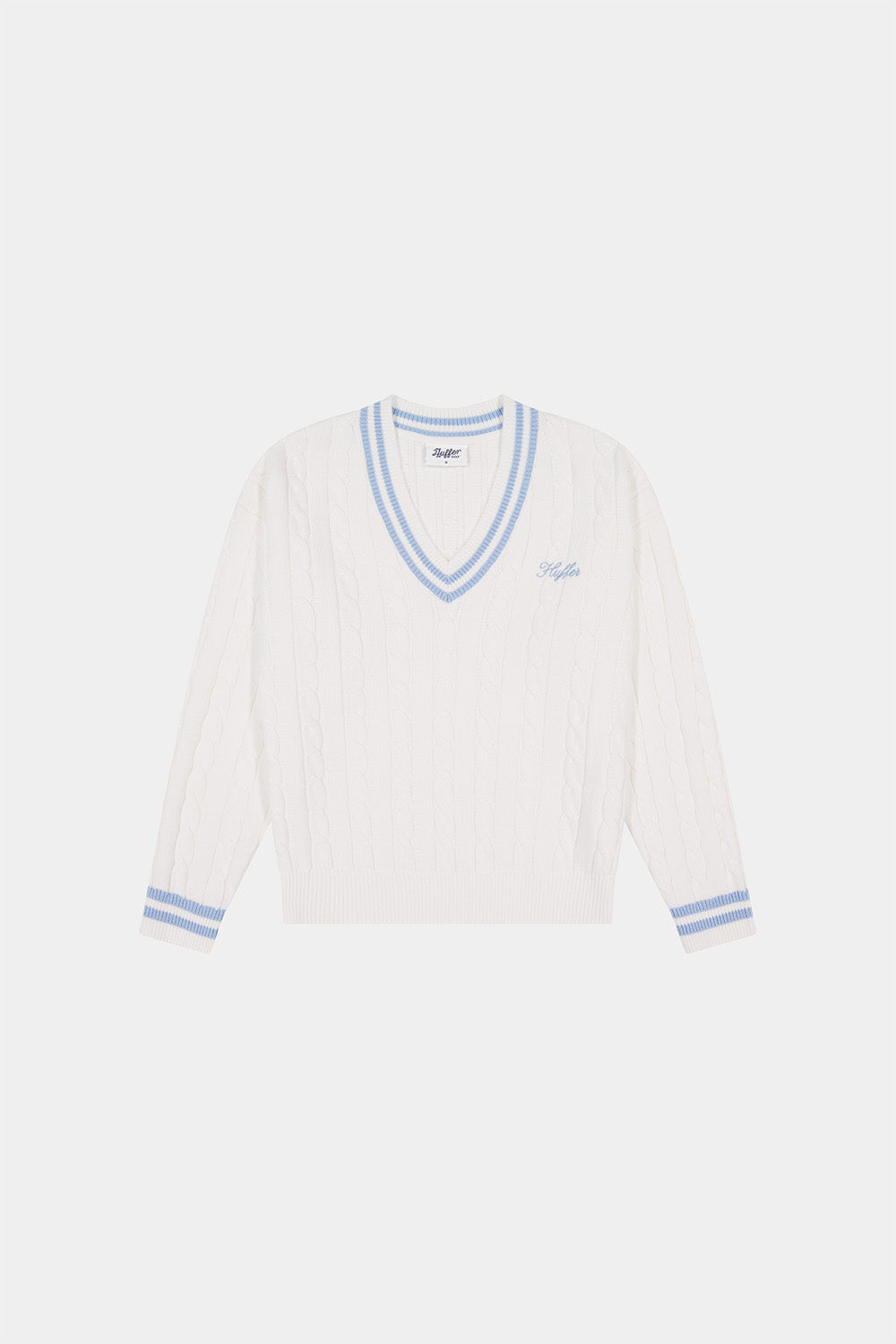 V-NECK CABLE KNIT SWEATER CHALK – Huffer